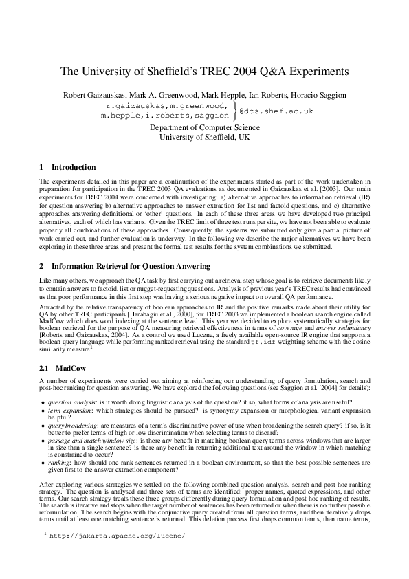 (PDF) The University of Sheffield's TREC 2004 QA Experiments