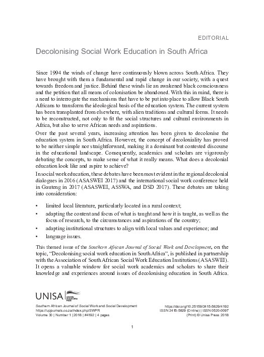 (PDF) Editorial: Decolonising social work education in South Africa