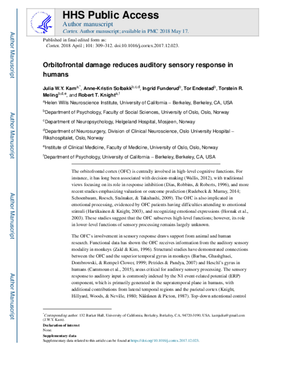 (PDF) Orbitofrontal damage reduces auditory sensory response in humans