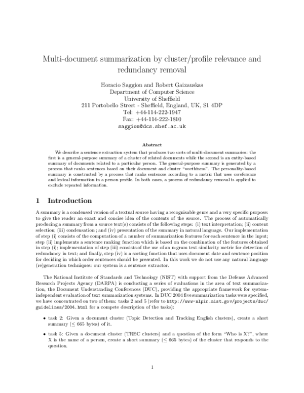 (PDF) Multi-document summarization by cluster/profile relevance and redundancy removal