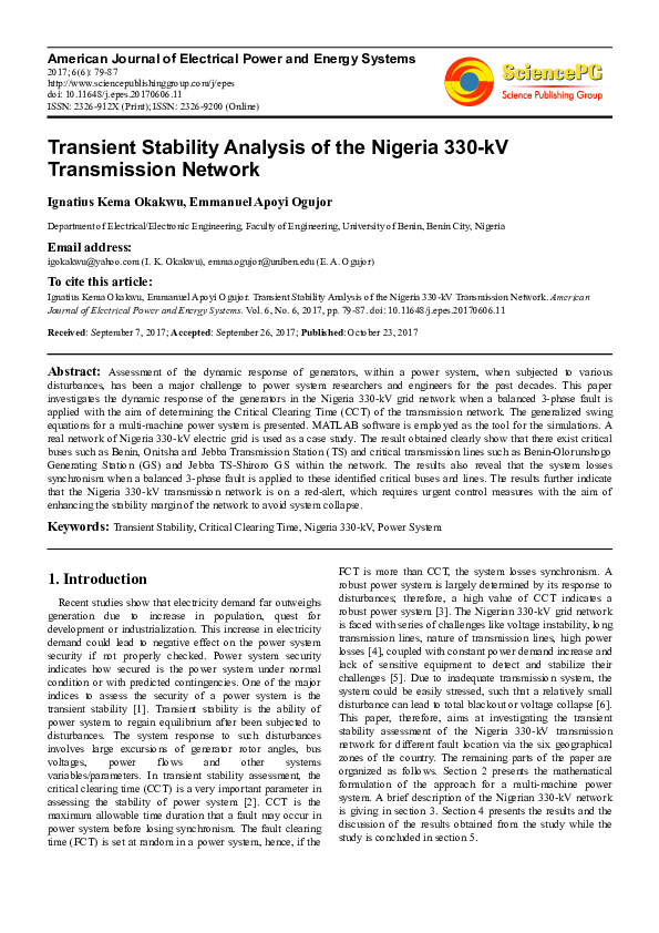 (PDF) Transient Stability Analysis of the Nigeria 330-kV Transmission Network