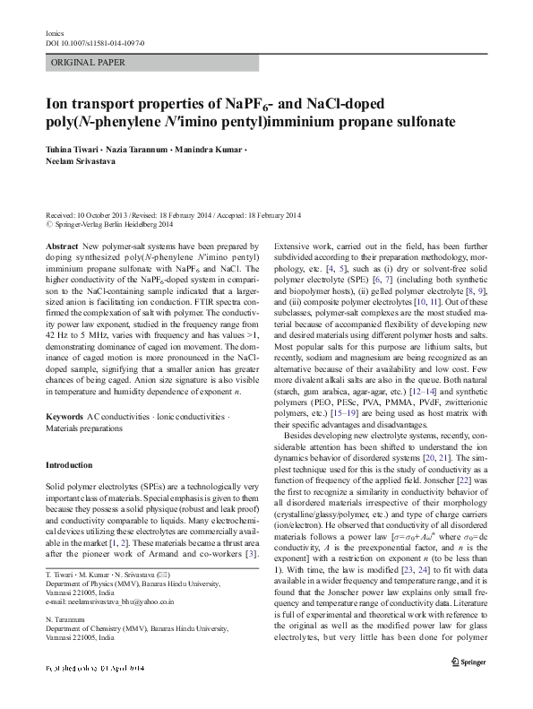 (PDF) Ion transport properties of NaPF6- and NaCl-doped poly(N ...