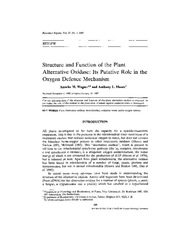 (PDF) Structure and function of the plant alternative oxidase: its ...