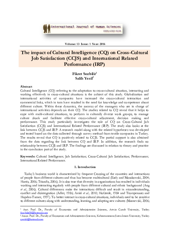 (PDF) The impact of Cultural Intelligence (CQ) on Cross-Cultural Job ...