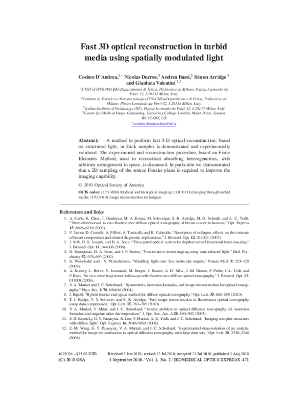(PDF) Fast 3D optical reconstruction in turbid media using spatially modulated light