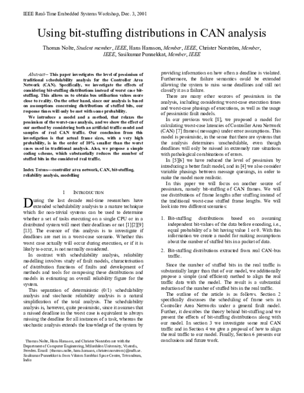 (PDF) Using bit-stuffing distributions in CAN analysis