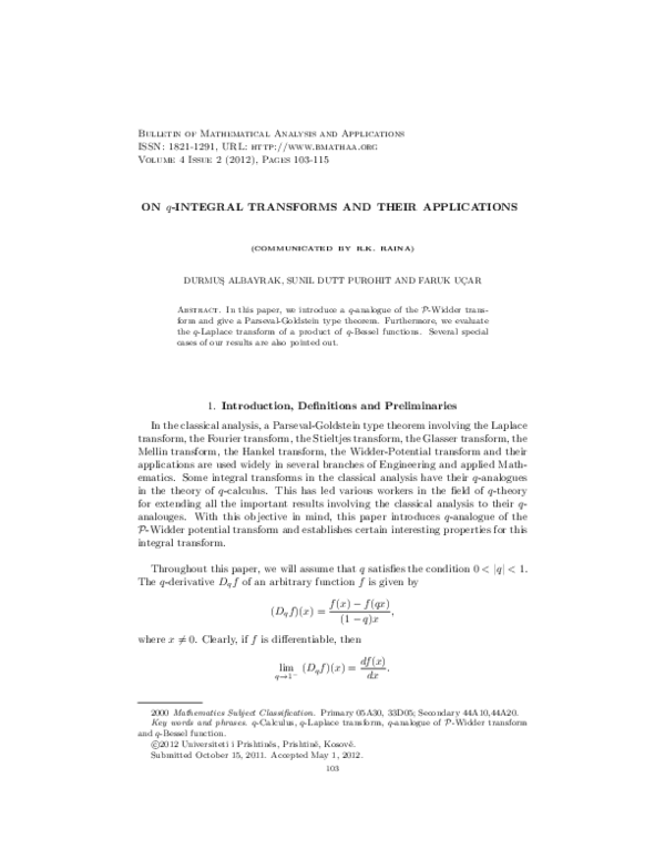(PDF) ON q-INTEGRAL TRANSFORMS AND THEIR APPLICATIONS