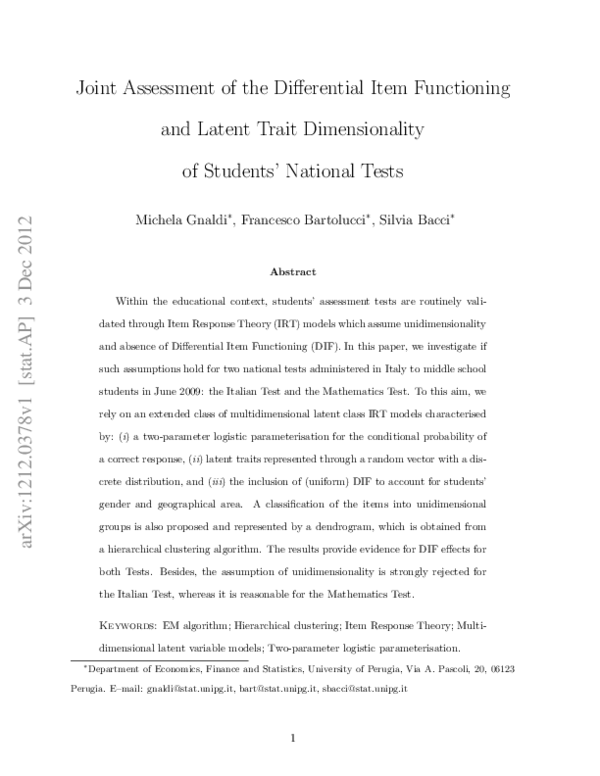 Pdf Joint Assessment Of The Differential Item Functioning And Latent Traitdimensionality Of