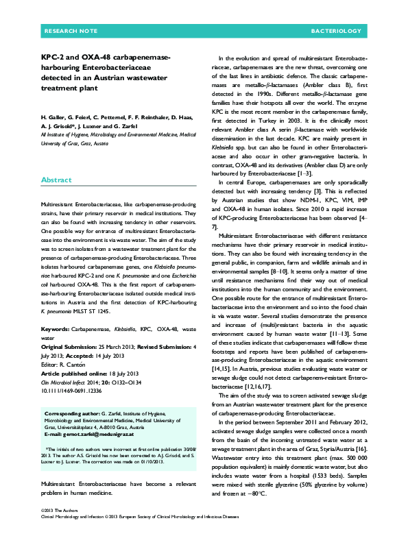 (PDF) KPC-2 and OXA-48 carbapenemase-harbouring Enterobacteriaceae detected in an Austrian ...