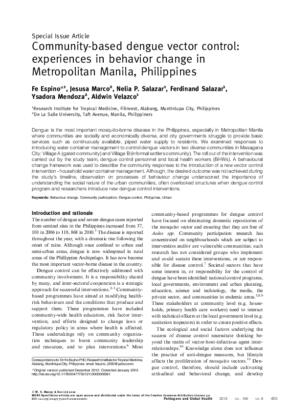 (PDF) Community-based dengue vector control: experiences in behavior ...