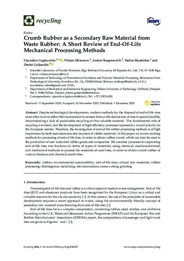 (PDF) Crumb Rubber as a Secondary Raw Material from Waste Rubber: A ...