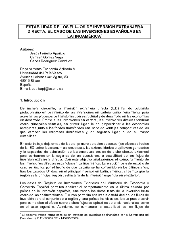 (PDF) Estabilidad De Los Flujos De Inversión Extranjera Directa: El Caso De Las Inversiones ...