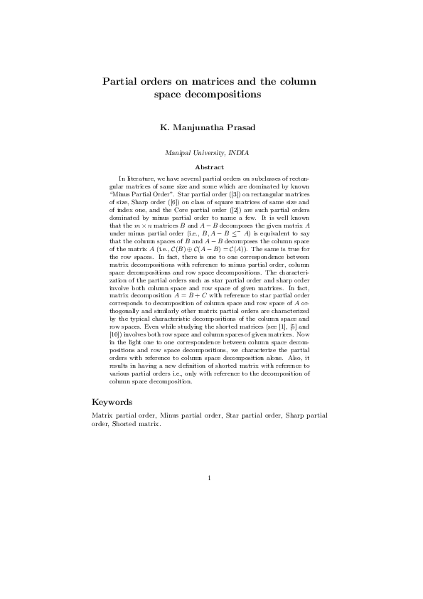 Pdf Partial Orders On Matrices And The Column Space Decompositions