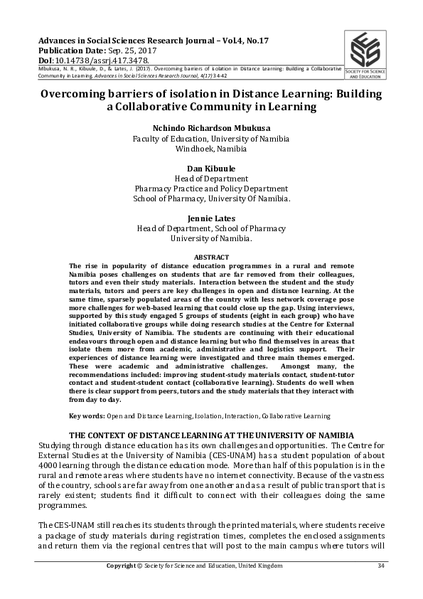 (PDF) Overcoming barriers of isolation in Distance Learning: Building a ...