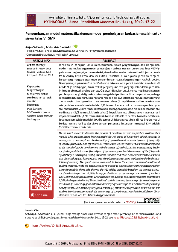 (PDF) Pengembangan modul matematika dengan model pembelajaran berbasis masalah untuk siswa kelas ...