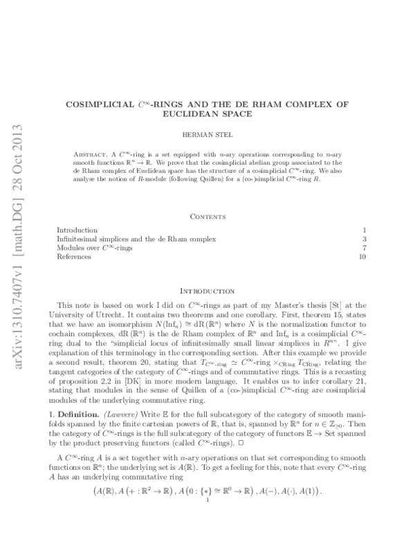 (PDF) Cosimplicial C-infinity rings and the de Rham complex of ...