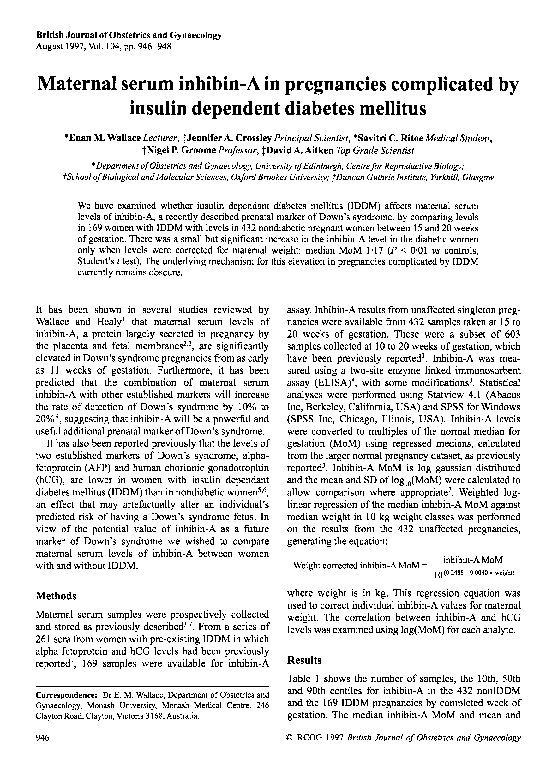 (PDF) Maternal serum inhibin-A in pregnancies complicated by insulin ...