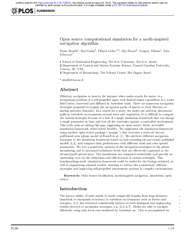 Pdf Open Source Computational Simulation For A Moth Inspired Navigation Algorithm