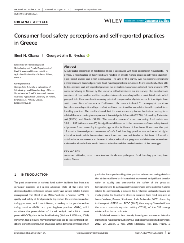 (PDF) Consumer food safety perceptions and self-reported practices in ...