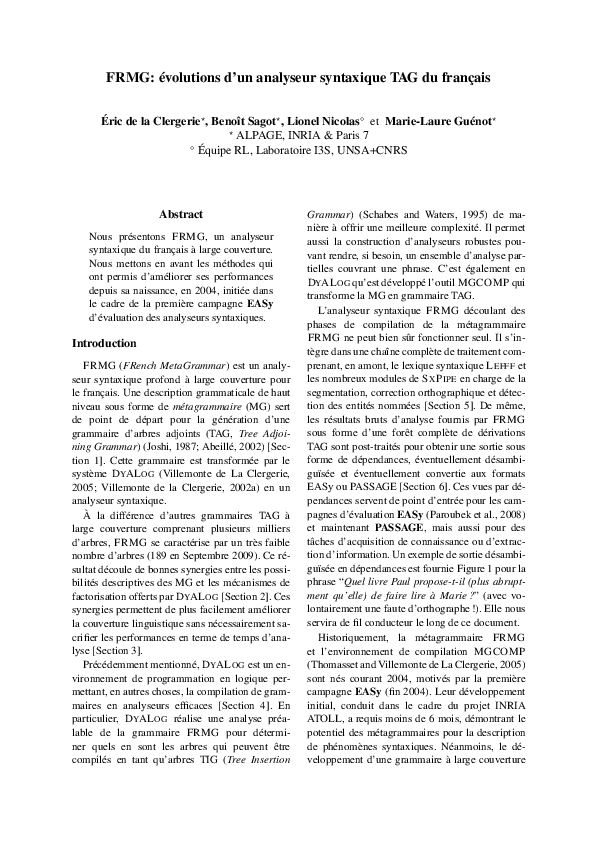 (PDF) FRMG: évolutions d'un analyseur syntaxique TAG du français