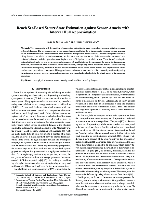 Pdf Reach Set Based Secure State Estimation Against Sensor Attacks With Interval Hull
