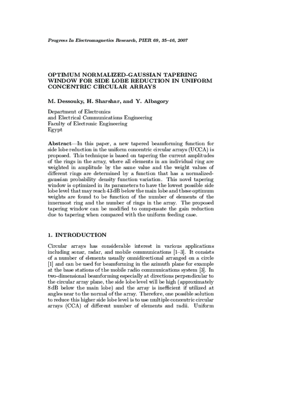 (PDF) Optimum Normalized-Gaussian Tapering Window for Side Lobe ...