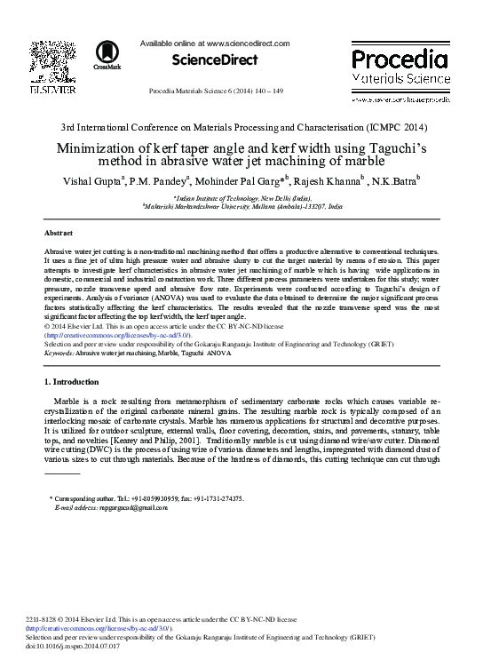 (PDF) Minimization of Kerf Taper Angle and Kerf Width Using Taguchi's Method in Abrasive Water ...