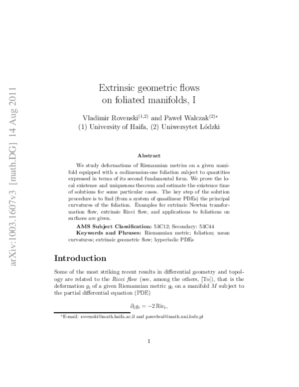 (PDF) Extrinsic geometric flows on foliated manifolds, I