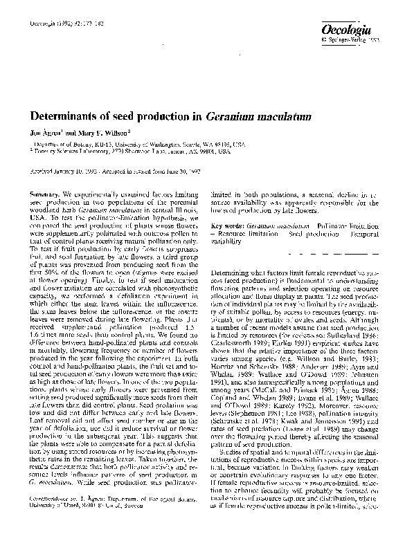 (PDF) Determinants of seed production in Geranium maculatum