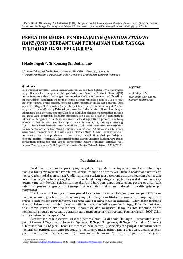 (PDF) Pengaruh Model Pembelajaran Question Student Have (QSH) Berbantuan Permainan Ular Tangga ...