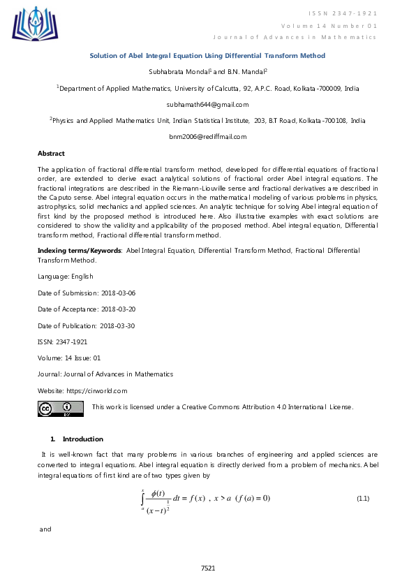(PDF) Solution of Abel Integral Equation Using Differential Transform Method