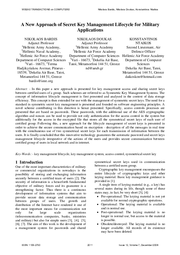 (PDF) A New Approach of Secret Key Management Lifecycle for Military ...
