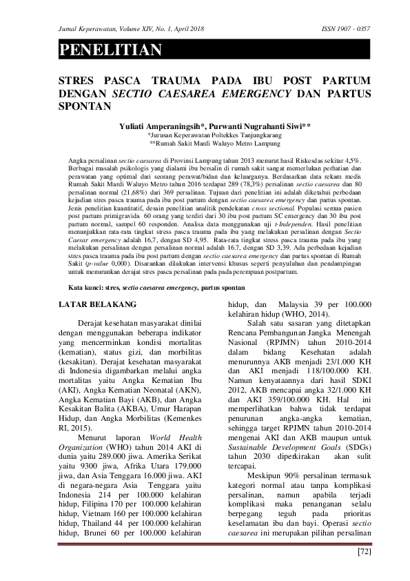 (PDF) Stres Pasca Trauma pada Ibu Post Partum dengan Sectio Caesarea ...