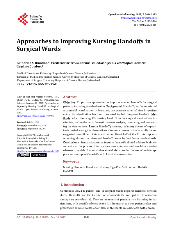 (PDF) Approaches to Improving Nursing Handoffs in Surgical Wards