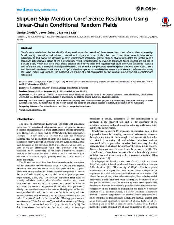 (PDF) SkipCor: Skip-Mention Coreference Resolution Using Linear-Chain Conditional Random Fields