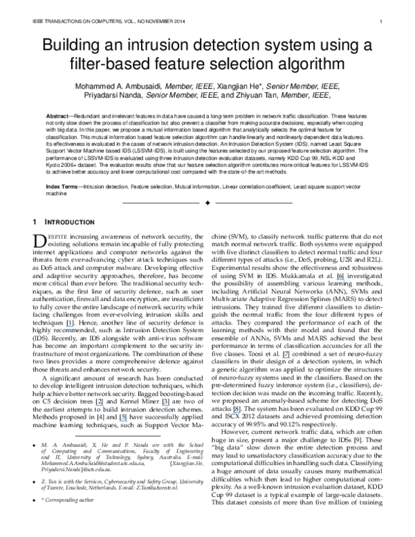 Pdf Building An Intrusion Detection System Using A Filter Based Feature Selection Algorithm
