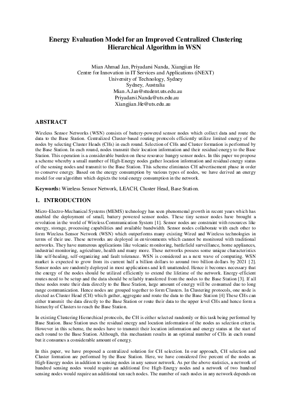 Pdf Energy Evaluation Model For An Improved Centralized Clustering Hierarchical Algorithm In Wsn