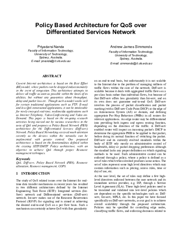 (PDF) Policy Based Architecture for QoS over Differentiated Services Network