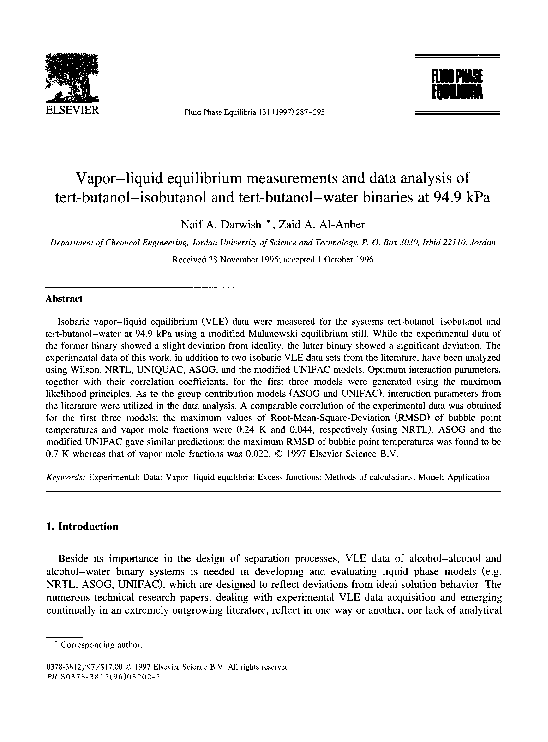 (PDF) Vapor-liquid equilibrium measurements and data analysis of tert ...