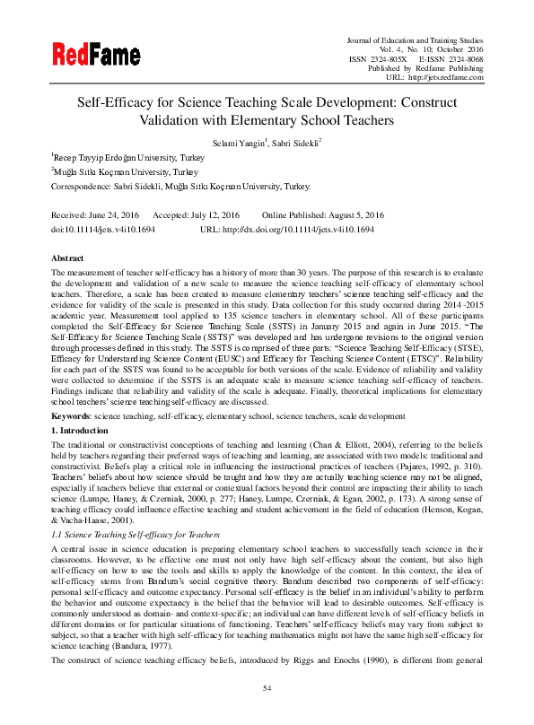 Pdf Self Efficacy For Science Teaching Scale Development Construct Validation With Elementary