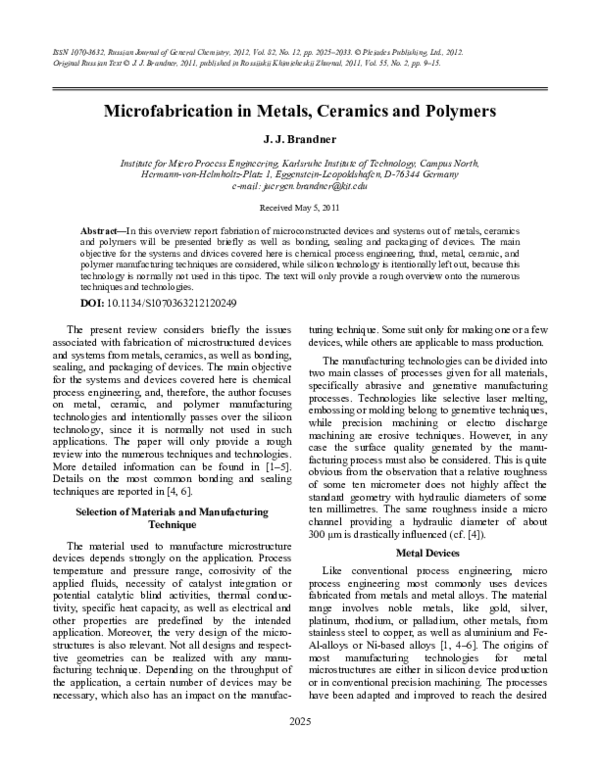 (PDF) Microfabrication in metals, ceramics and polymers
