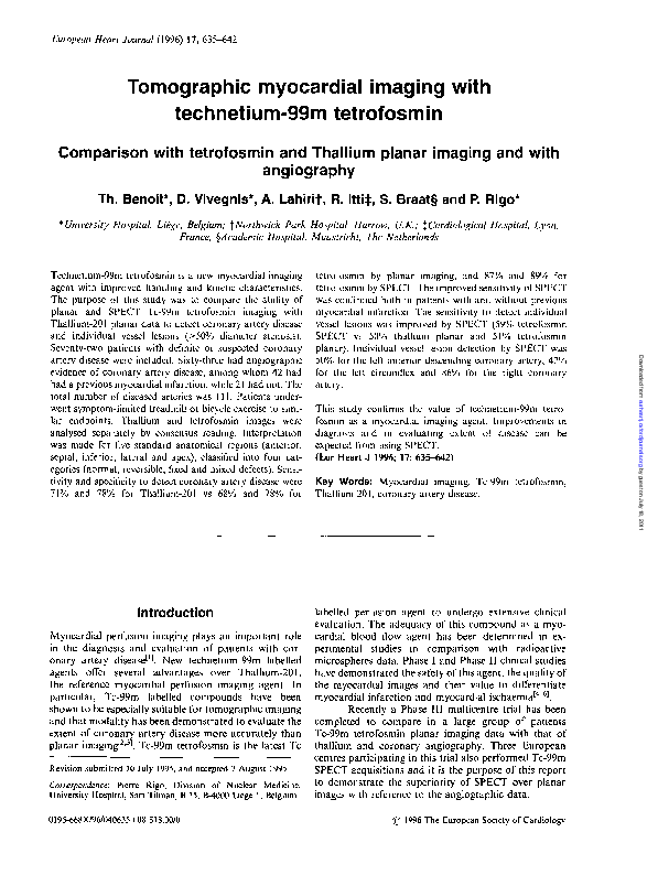 (PDF) Tc-99m Tetrofosmin vs Thallium in Myocardial Imaging