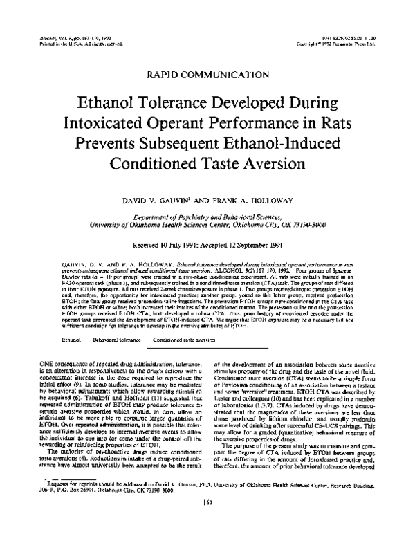 (PDF) Ethanol Tolerance Reduces Conditioned Taste Aversion