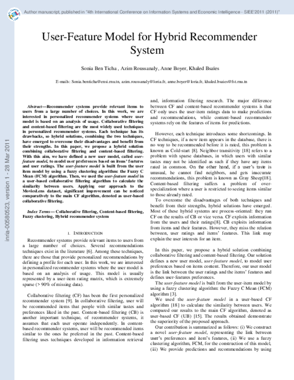 (PDF) User-Feature Model for Hybrid Recommender System