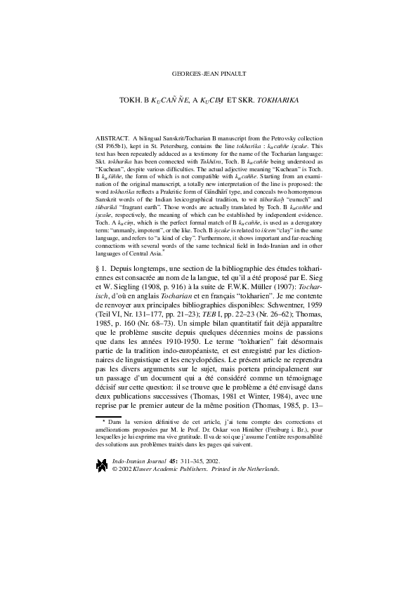 (PDF) Tokh. B ku caññe, A ku cim et skr. tokharika