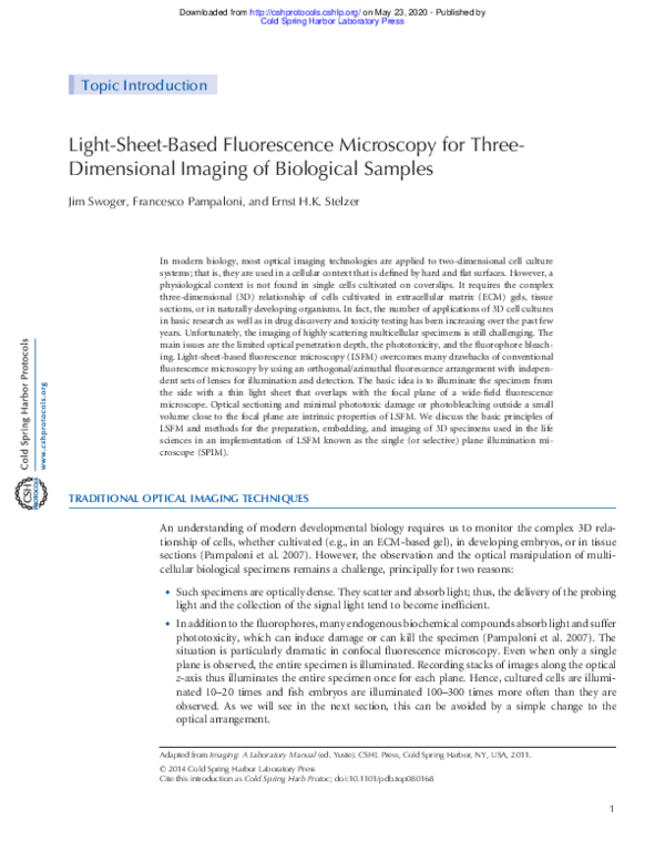 (PDF) Light-sheet-based fluorescence microscopy for three-dimensional imaging of biological samples