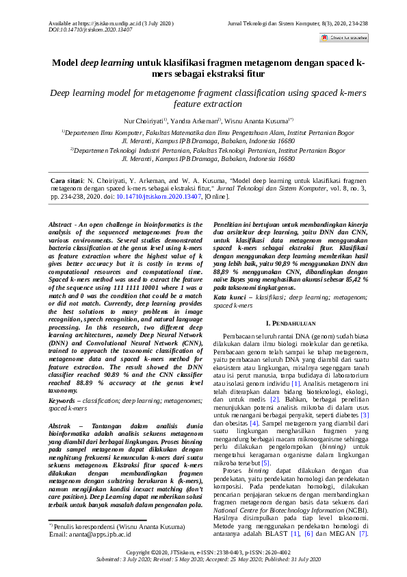 Pdf Deep Learning Model For Metagenome Fragment Classification Using Spaced K Mers Feature