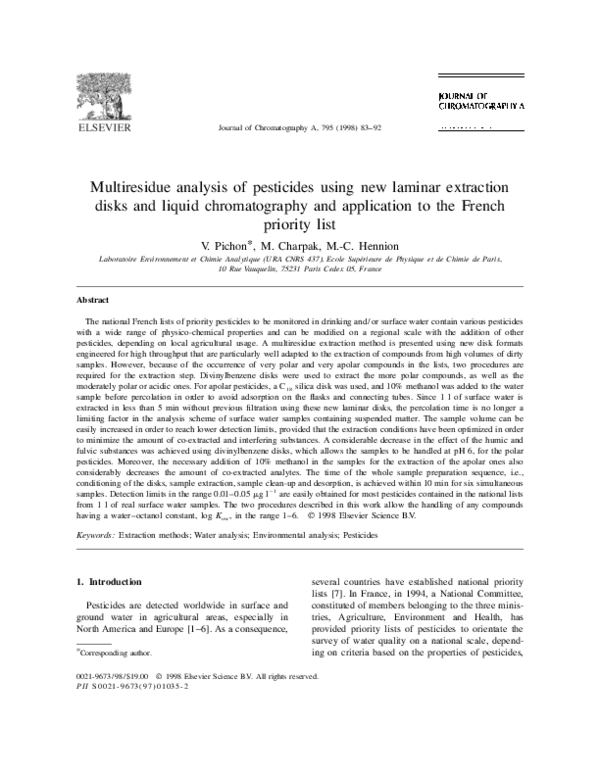 (PDF) Multiresidue analysis of pesticides using new laminar extraction disks and liquid ...