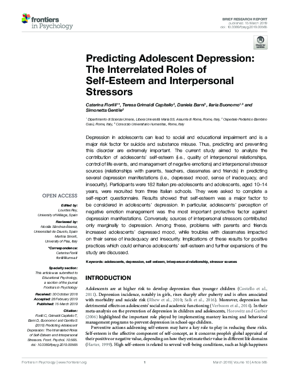 (PDF) Predicting Adolescent Depression: The Interrelated Roles of Self-Esteem and Interpersonal ...
