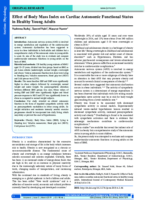 (PDF) Effect of Body Mass Index on Cardiac Autonomic Functional Status ...